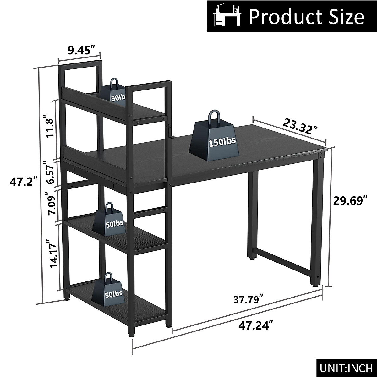 Napnapday 47 inch Computer Desk with Storage Shelves, Study Gaming Desk with Bookshelf Writing Table for Home Office Bedroom, Black