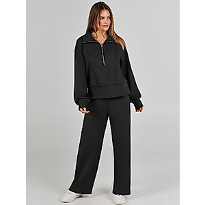 ANRABESS Womens Two Piece Outfits 2024 Fall Sweatsuit Set Half Zip Cropped Sweatshirt Wide Leg Sweatpant Lounge Set Black Medium