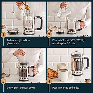 Gracie's Finest French Press Coffee Maker - Large 34 oz. Glass Coffee Pot Carafe with Stainless Steel Filter - French Press Coffee at Home or Office - Dishwasher Safe