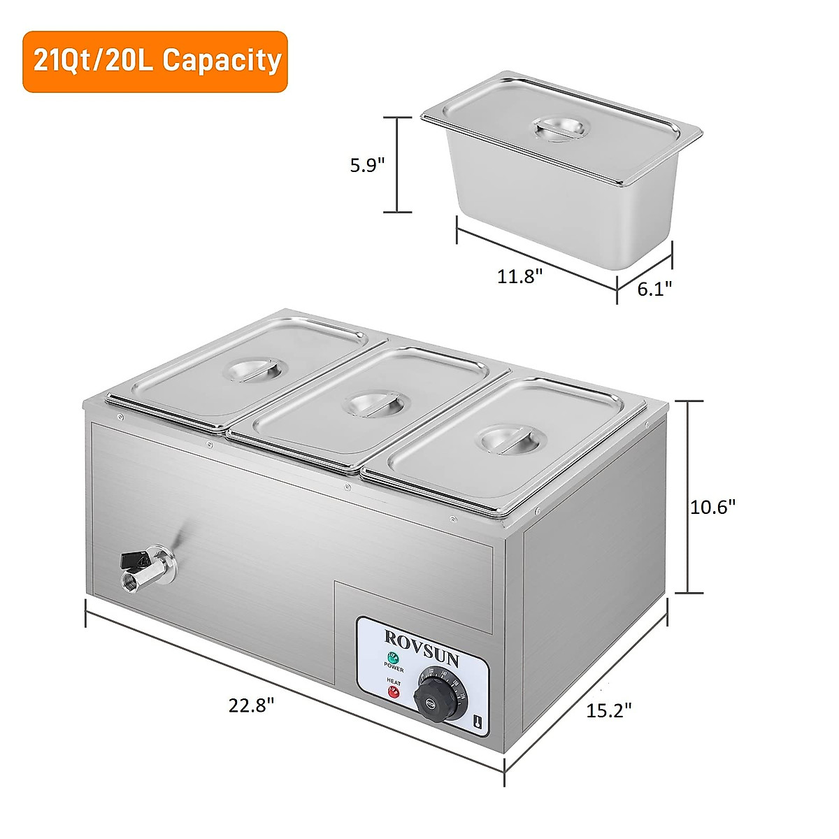 ROVSUN 21QT Electric Commercial Food Warmer, 110V 3-Pan Stainless Steel Bain Marie Buffet, 6.9 QT/Pan Stove Steam Table with Temperature Control & Lid for Parties, Catering, Restaurants
