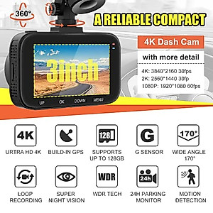 Dash Cam,Dash Cam Front and Rear,AQV Dual Dash cam Built-in GPS, 4K+1080P,Parking Monitor, Super Night Vision, Capacitor, WDR,G-Sensor, Motion Detector,Loop Recording,Support 128GB Max
