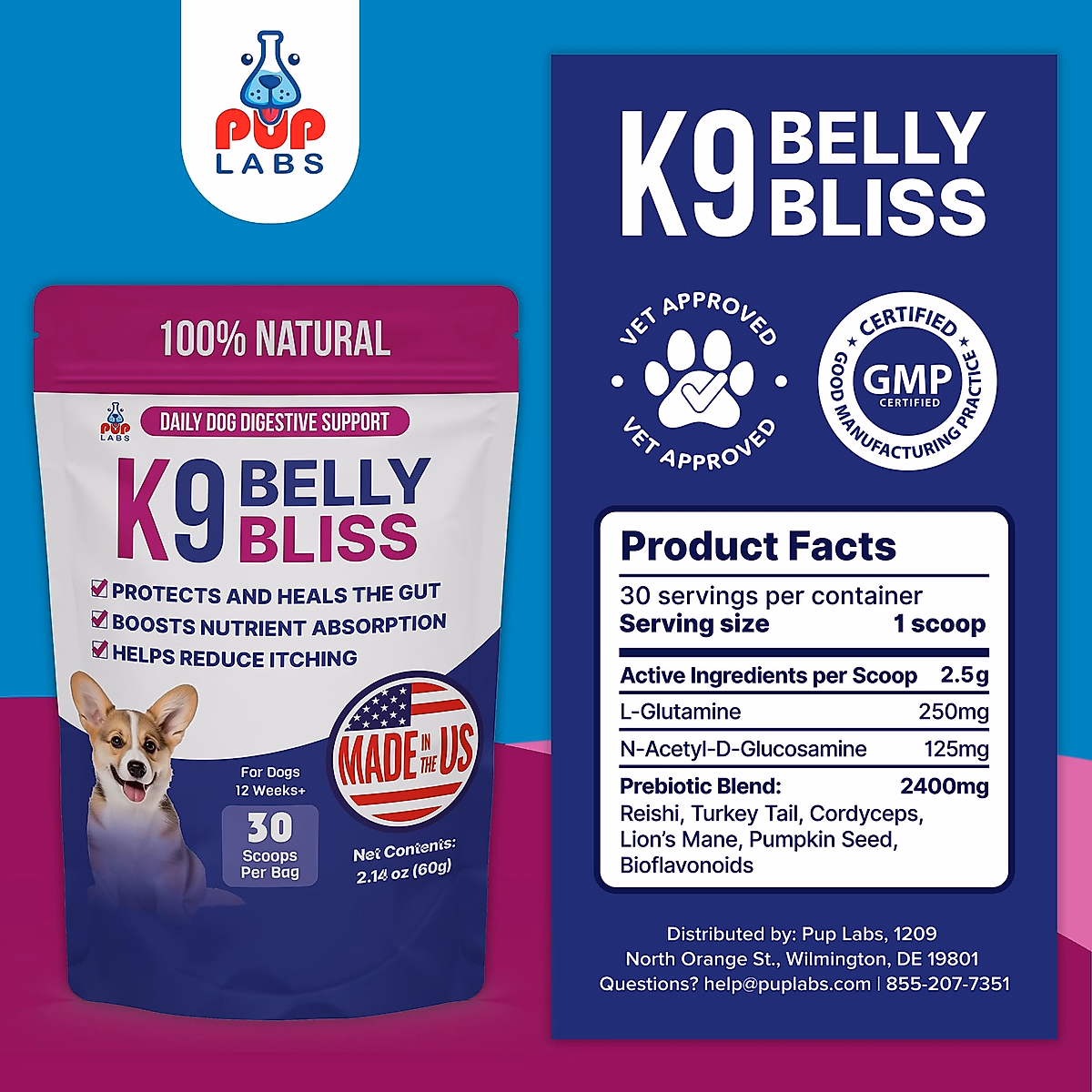 Pup Labs K9 Belly Bliss, All-Natural Gut Health for Dogs, Vet Approved Prebiotic for Dogs for Daily Digestive Support and Dog Constipation Relief, Easy to Use Topper for Dry and Wet Food, 30 Scoops.