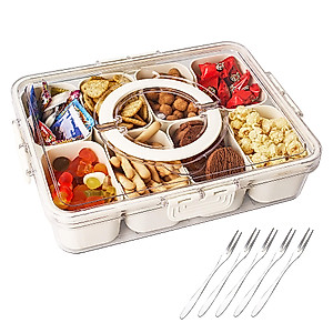 Farest Divided Veggie Tray with Lid and Handle,Portable 8 Compartment Serving Tray with Dividers,Snack Containers,Snack Box for Food,Veggie, Condiments,Candy,Nuts,Picnic,Parties,2 Pack