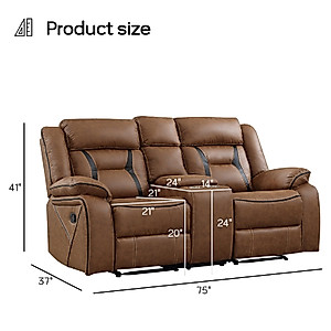 EBELLO Faux Leather Manual Loveseat Recliner, 2 Seat Reclining Sofa Chair with Center Console, Hidden Storage and Cup Holders, Daul Recliner for Living Room, Meeting Room, Brown (Loveseat)