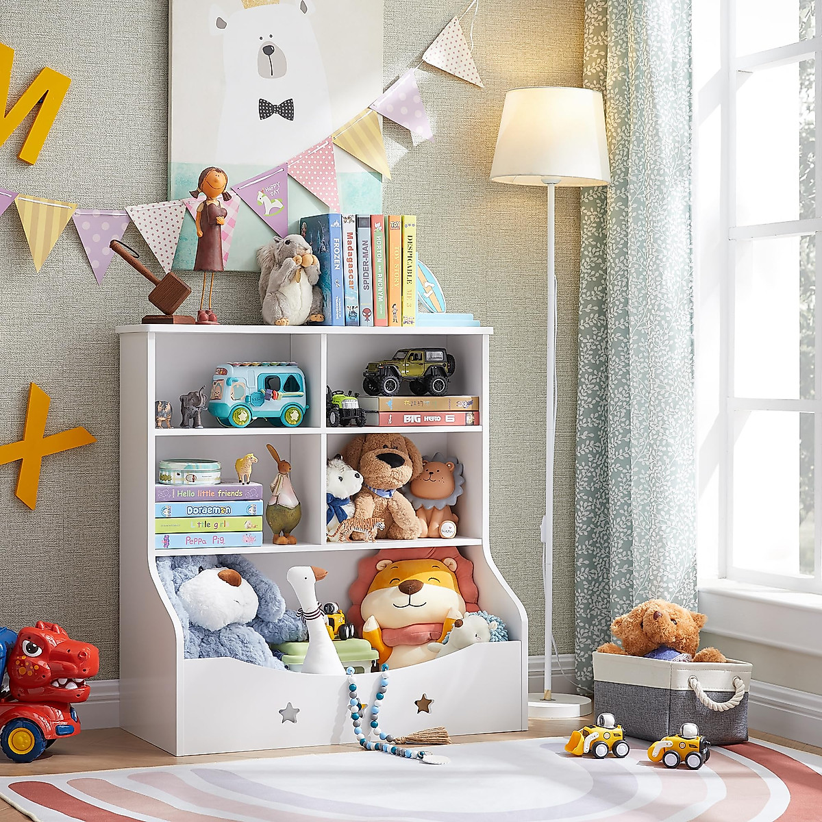 TOYMATE Kids Toy Storage Organizer, Children Multi-Functional Bookcase and Bookshelf, Toddler 5 Cubby Toy Storage Cabinet, Toy Shelf for Playroom, Bedroom, Living Room, Nursery, School (White)