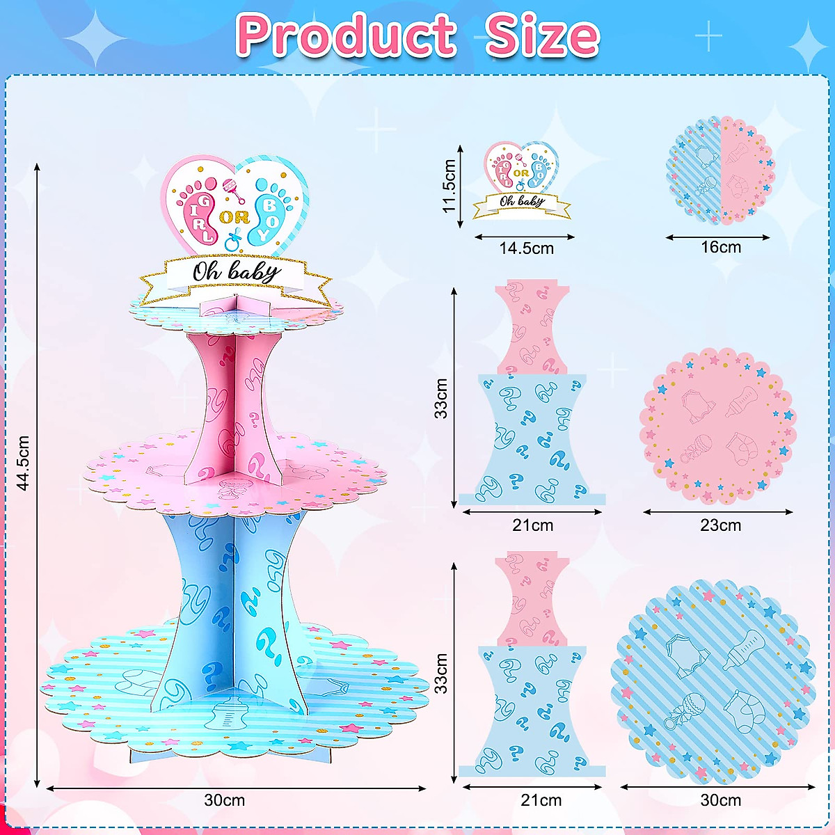 Gender Reveal Party Cupcake Stand Decorations, Blue and Pink 3 Tier Baby Shower Cupcake Toppers Tower Cardboard Supplies for Boy Girl Baby Gender Reveal Birthday Party Favors