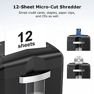 bonsaii 12-Sheet Micro Cut Shredders for Home Office, 60 Minute P-4 Security Level Paper Shredder for CD, Credit Card, Mails, Staple, Clip, with Jam-Proof System & 4.2 Gal Pullout Bin C266-B