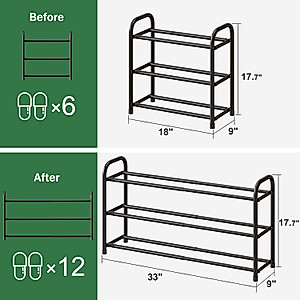 kiplant Shoe Rack for Closet, 3-Tier Expandable Shoe Organizer for Closet, Metal Adjustable Black Shoe Shelf Storage Organizer, Free Standing Shoe Rack for Entryway Closet Doorway
