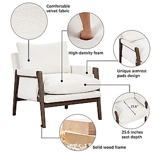 LIADTOP Mid Century Modern, Velvet Upholstered Accent Rubber Wood Frame,Comfy Reading Chair for Bedroom,Single Armchair for Living Room Office Apartment,White