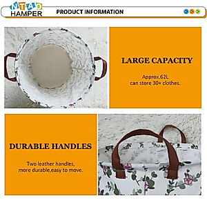 NTAOHAMPER Large Round Canvas Linen Laundry Hamper,Waterproof Storage Bin for Toys,Books,Clothes,Pets, Laundry Basket, Gift Basket(Eucalyptus leaves)