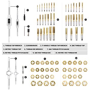 WYNNsky Die and Tap Set in SAE and Metric, Hex Threading Dies for External Threads, Thread Tap for Internal Threads, Thread Wrench, Thread Pitch Gauge, 86 Pieces Gauge Kit for DIY Tapered