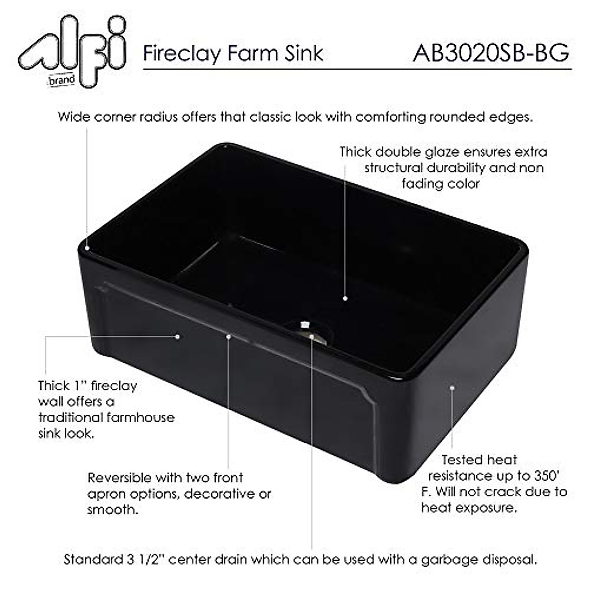 ALFI brand AB5006-PSS AB3020SB-BG Kitchen Sink, Black Gloss