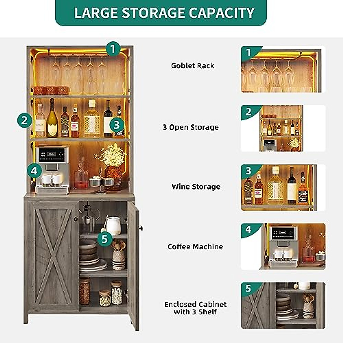 YITAHOME Bar Cabinets with LED Light, Coffee Bar Liquor Cabinet with Glass Holder, Tall Buffet Wine Cabinet with Storage for Kitchen, Dining Room, Rustic Grey Wash