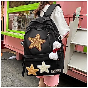 JHTPSLR Preppy Backpack Plush Stars Patchwork Preppy Backpack Y2K Aesthetic Backpack Double Layer Book Bags Backpack Supplies (Black)