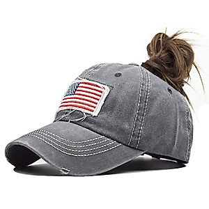 INOGIH Women American Flag Ponytail Hat Embroidery Washed-Cotton Messy Bun Baseball-Cap Adjustable Grey