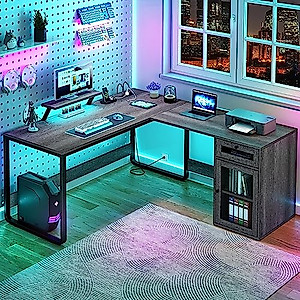 YITAHOME L Shaped Desk with Power Outlets & LED Lights, Reversible Computer Desk with Drawer, Corner Desk Home Office Desk with Monitor Stand and File Cabinet, Gaming Table, Writing Desk, Grey