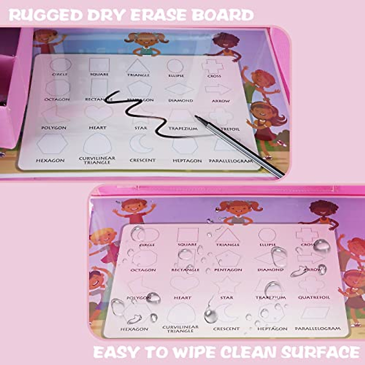 MENZOKE Kids Travel Tray for Toddler Car Seat, Lap Tray for Girl Activities with Dry Erase Board & Cooler Cup Holder, Road Trip Essentials Accessories with No-Drop Large Tablet iPad Holder Stand,Pink