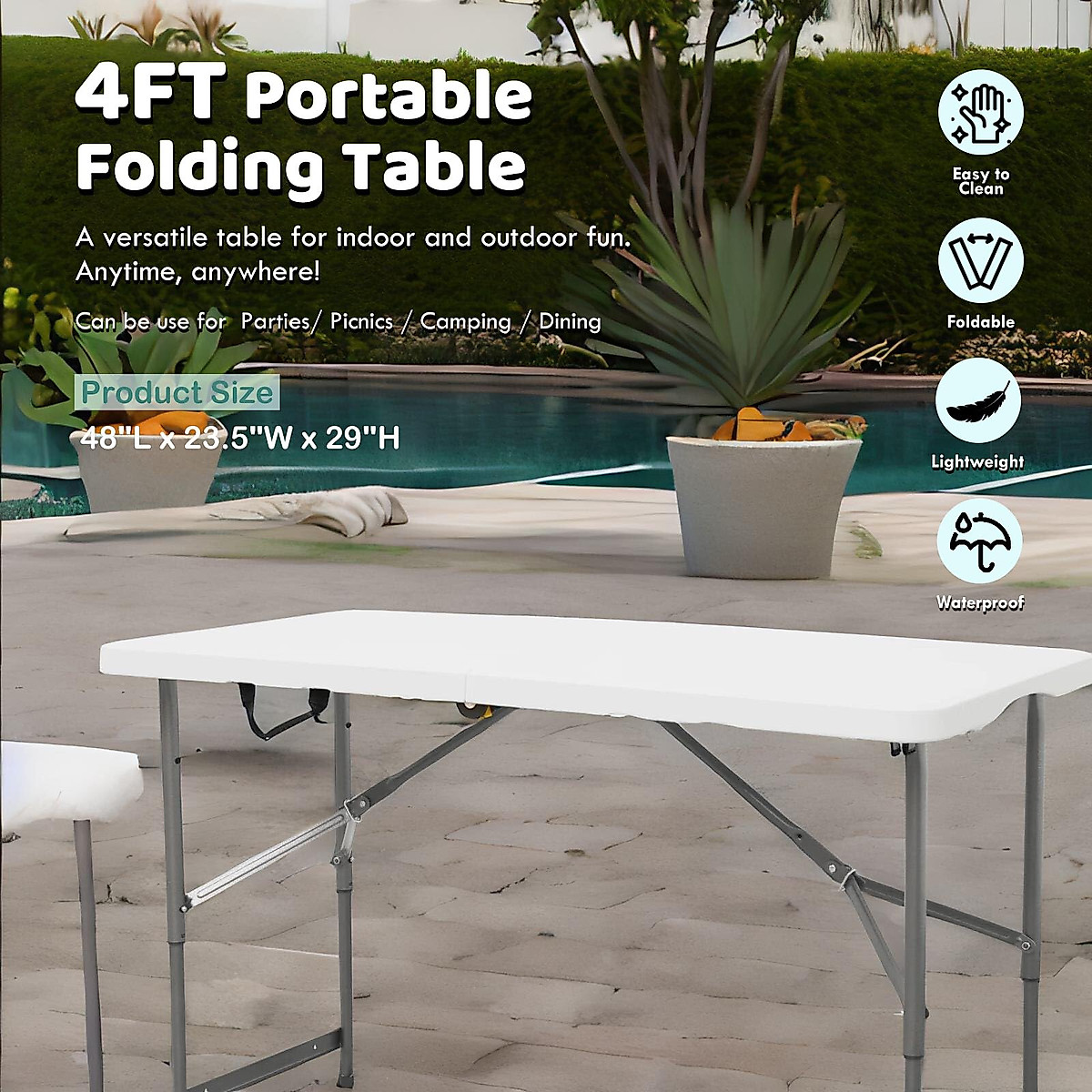 AJP Distributors 4 Foot Portable Plastic Folding Table 4FT 48" Half Foldable Heavy Duty Top w/Carry Handle - Indoor Outdoor Backyard Camping Picnic BBQ Party Wedding Dining Office Event Meeting White