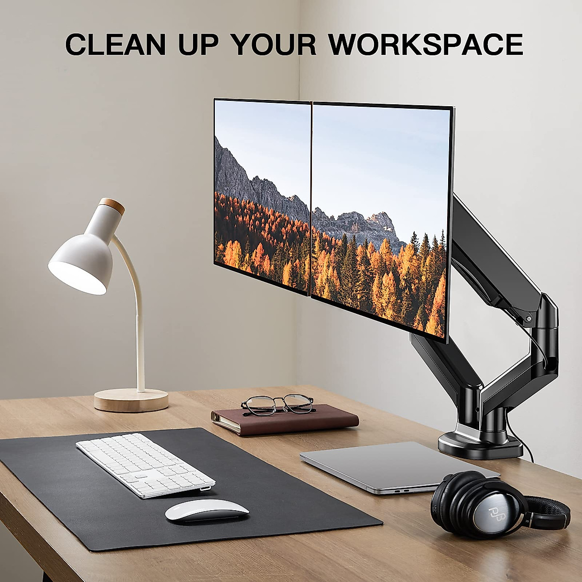 HUANUO Dual Monitor Arm for 13 to 27 inch, Gas Spring Monitor Stands for 2 Monitors Vesa Mount with Clamp/Grommet Base, Computer Dual Monitor Desk Mount for up to 17.6 lbs per Arm