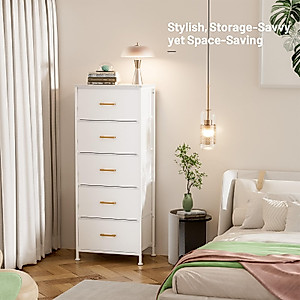 YILQQPER Tall Dresser with 5 Drawers, White Dresser for Bedroom, Tall Storage Tower for Closet, Nursery, Dorm, Dresser Organizer with Sturdy Steel Frame, Fabric Bins, Leather Finish, Wood Top, White