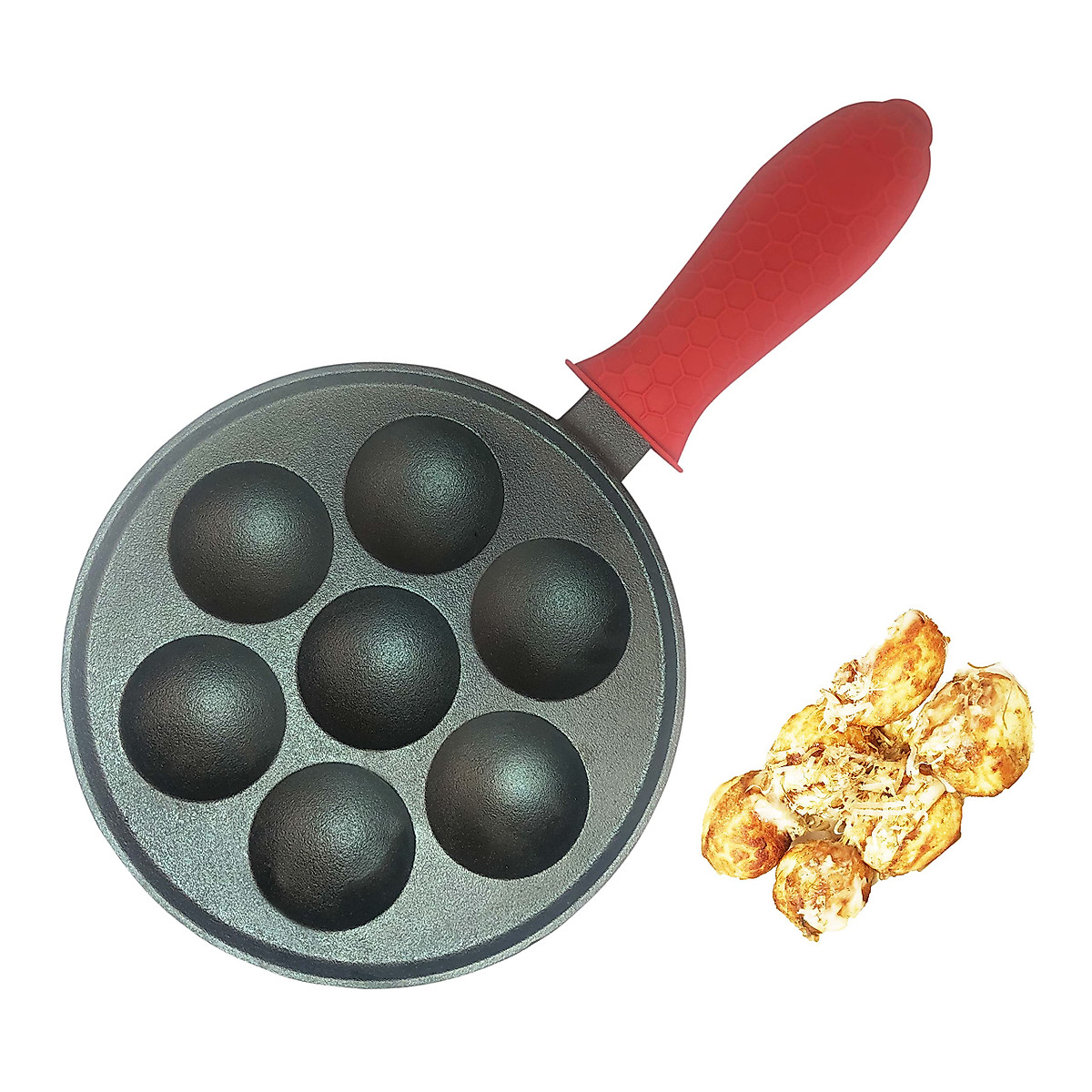 Heaunzy Japan large aperture takoyaki pan cast iron with silicone cover,Poffertjes pan,Appam pan,Masa pan,Banh khot pan,durable and non stick,heavy cast iron uncoated 1.7kg(7 Hole)