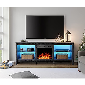 WAMPAT Fireplace TV Stand for TVs Up to 75 Inch with RBG LED Light, Farmhouse Wood Electric Fireplace Entertainment Center with 4 Storages for Living Room Bedroom, Black