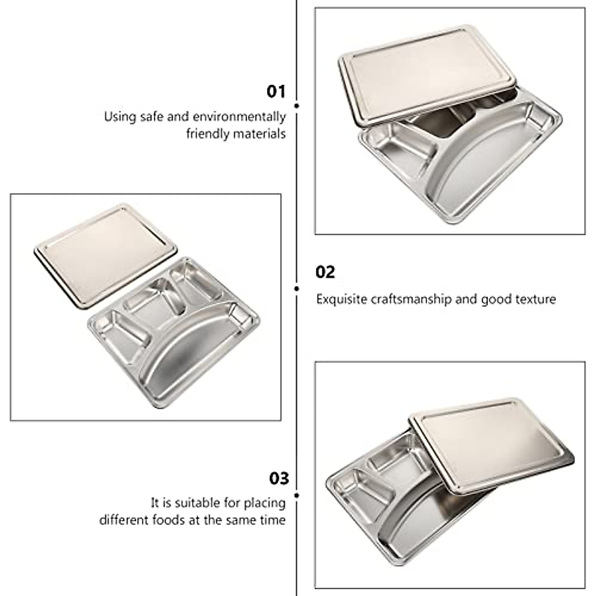 DOITOOL Feeding Serving Tray Stainless Steel Divided Dinner Plate: 4 Compartment Portion Control Plate with Lid Diet Dish Serving Platter Luncheon Plate for Kitchen Fruit Plate