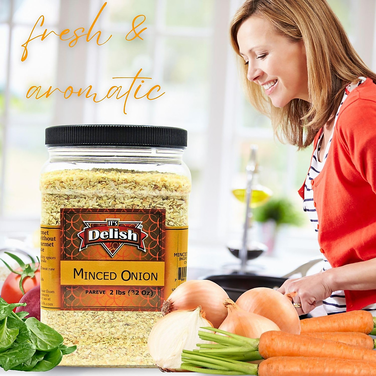 Minced Onion by It’s Delish, 2 lbs (32 Oz) Jumbo Container Jar – Dried Onion Flakes | Delicious, Fresh Taste | Dehydrated Onions | No Preservatives, No artificial Flavor Added – Certified Kosher