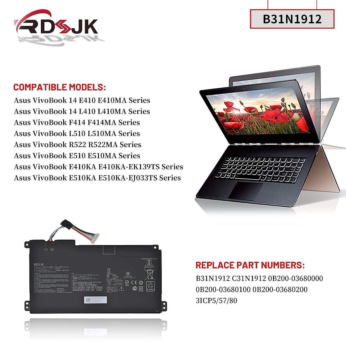 B31N1912 C31N1912 Laptop Battery for Asus VivoBook 14 E410M E410MA L410M L410MA E410KA E510MA E510KA F414MA L510MA R522MA E410MA-EK007TS EK087T E410MA-EK991TS L410MA-BV077TS E510KA-EJ033TS 11.55V 42Wh