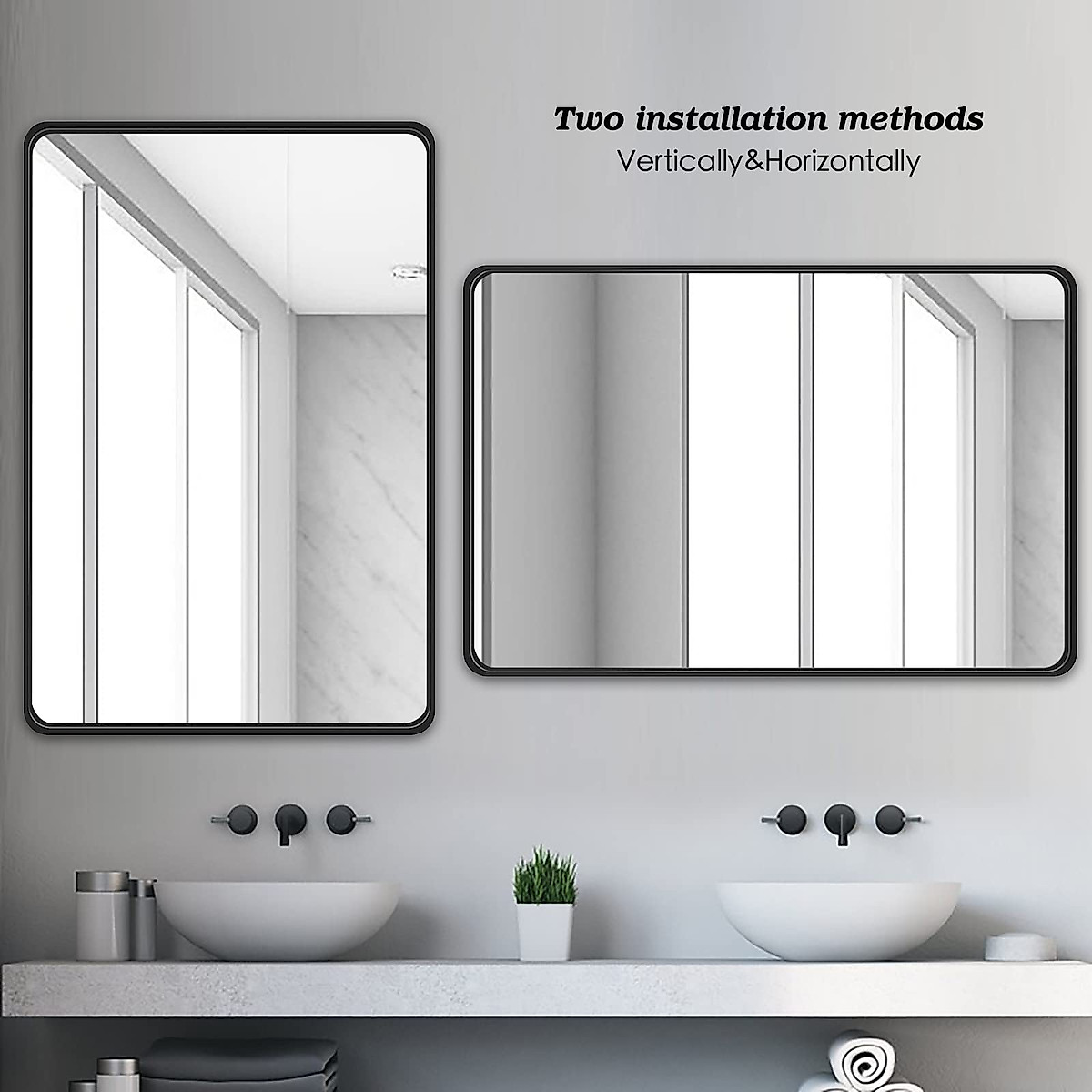 Black Bathroom Mirror for Wall, 24" x 36" Black Metal Framed Rounded Rectangle Mirror, Matte Black Vanity Mirror Farmhouse, Anti-Rust, HD Float Glass, Hangs Horizontal or Vertical