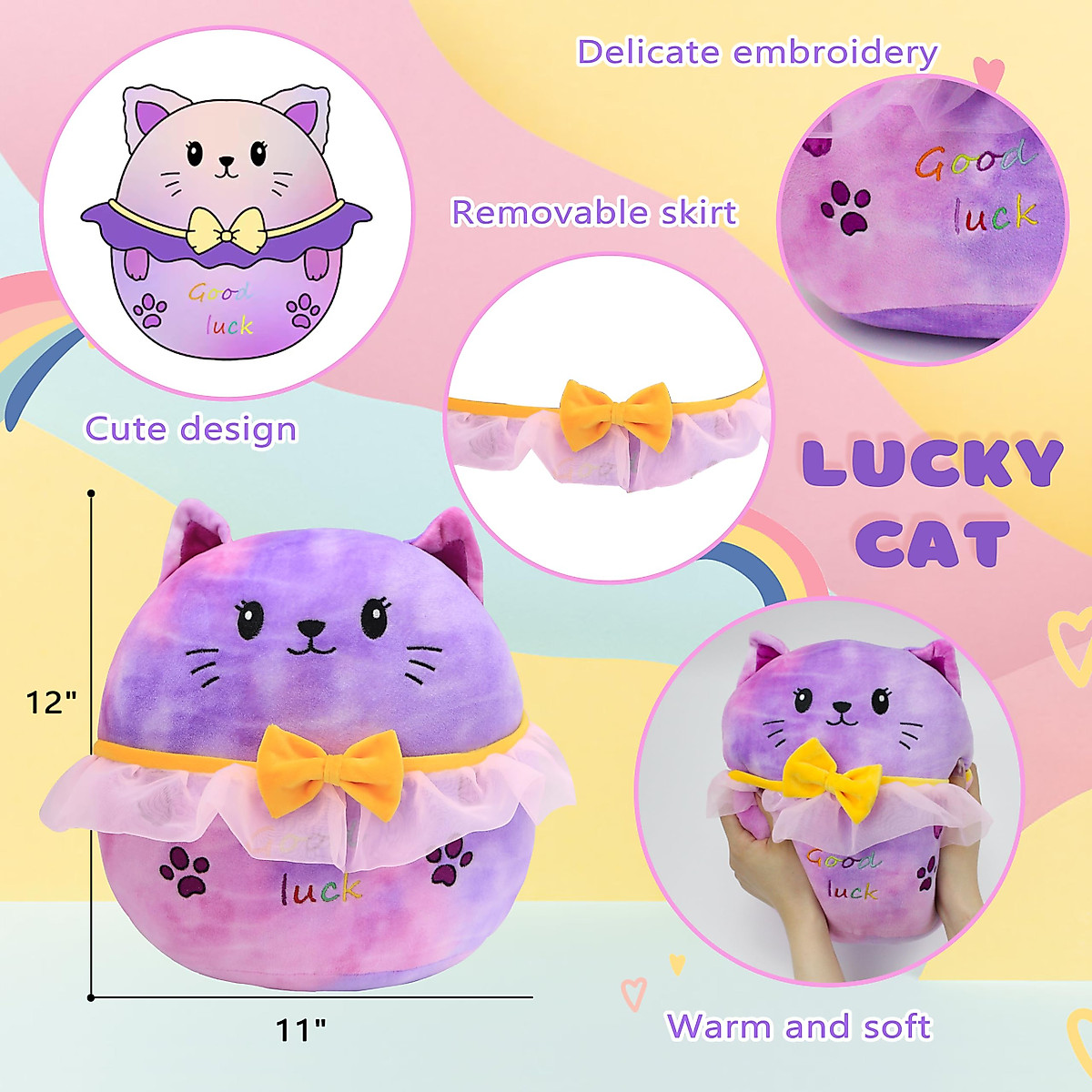 Jrystar 12’’ Good Luck Rainbow Kitty Plush Pillow Soft Cat Plush Hugging Pillow Toy Cute Kitty Stuffed Animal Doll Plushie Christmas Birthday Festival Gifts for Kids Girls