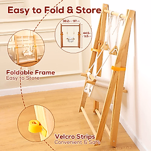 FUNLIO Wooden Toddler Swing Stand with 4 Sandbags, Foldable Baby Swing Stand with Durable Pine & Velcro for Toddlers 6-36 Months, Kids Swing Frame with Maximum Bearing 50lbs, Easy to Assemble & Store