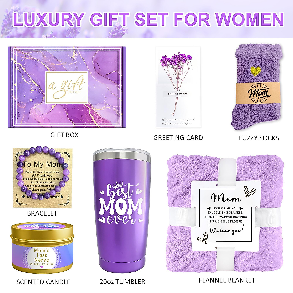 Gifts for Mom, Mothers Day Mom Gifts from Daughters Lavender Relaxing Gift Basket with Luxury Flannel Blanket Care Package, Unique Self Care Get Well Soon Gift, Birthday Gift for Women