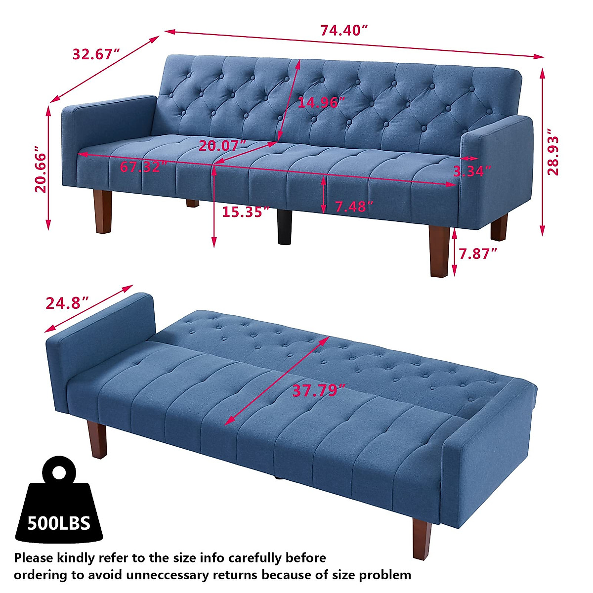 mikibama Tufted Linen Futon Sofa Couch Bed for Living Room Convertible Fabric Blue Upholstered Sleeper Futon Guest Bed Twin Size with Solid Wood Legs for Small Spaces