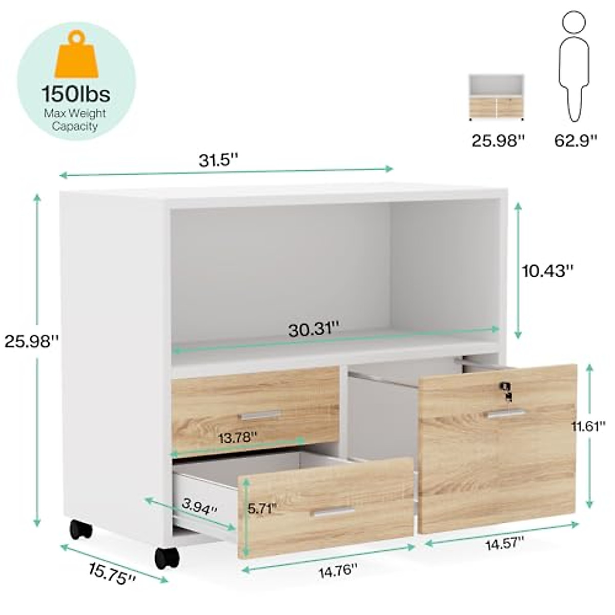 Tribesigns 3 Drawer File Cabinet with Lock, Mobile Lateral Filing Cabinet with Rolling Wheels, Large Printer Stand with Open Storage Shelves for Home Office