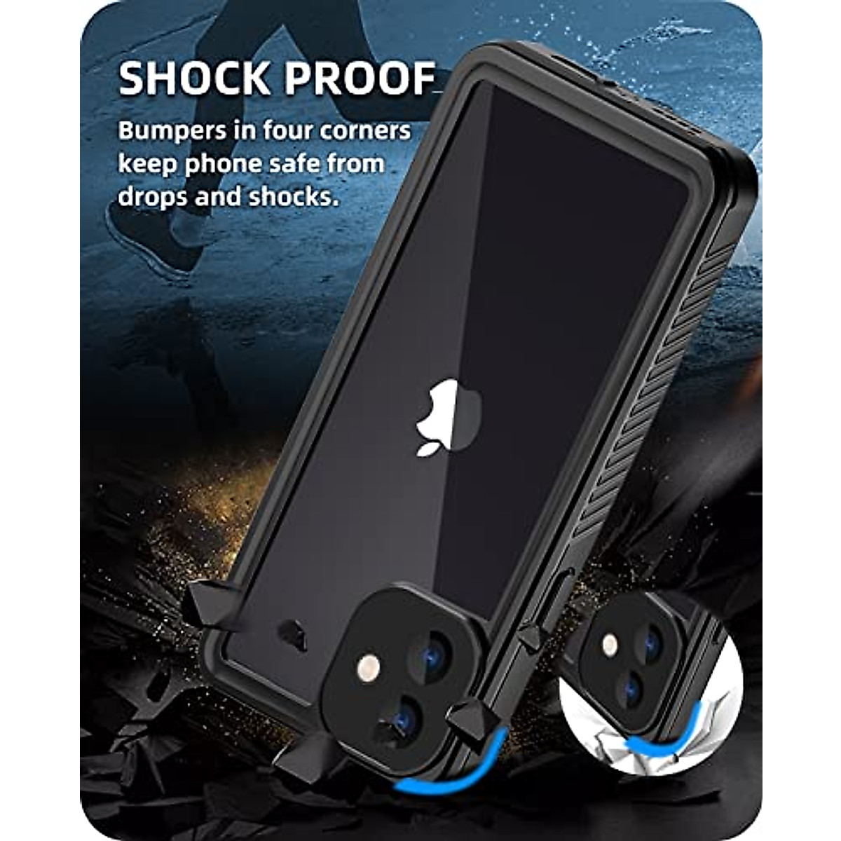 WIFORT iPhone 12 Waterproof Case - Built-in Screen Protector Water Resistant Cover Protective Drop Protection Hard, Shockproof Full Body Defender Tough Military Grade - 6.1" Black