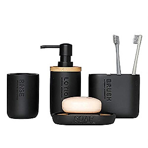 N / C 4 Pcs Resin Bathroom Accessories Set Includes Decorative Soap Dispenser Soap Dish Tumbler Toothbrush Holder with Wood and Bamboo Accessories (Black)