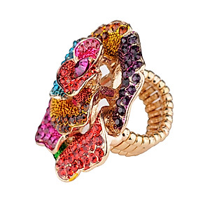 NYFASHION101 Women's Evening Gala Bridal Prom Wedding Stone Stud Rose Petal Fashion Stretch Ring, Multi/Gold-Tone