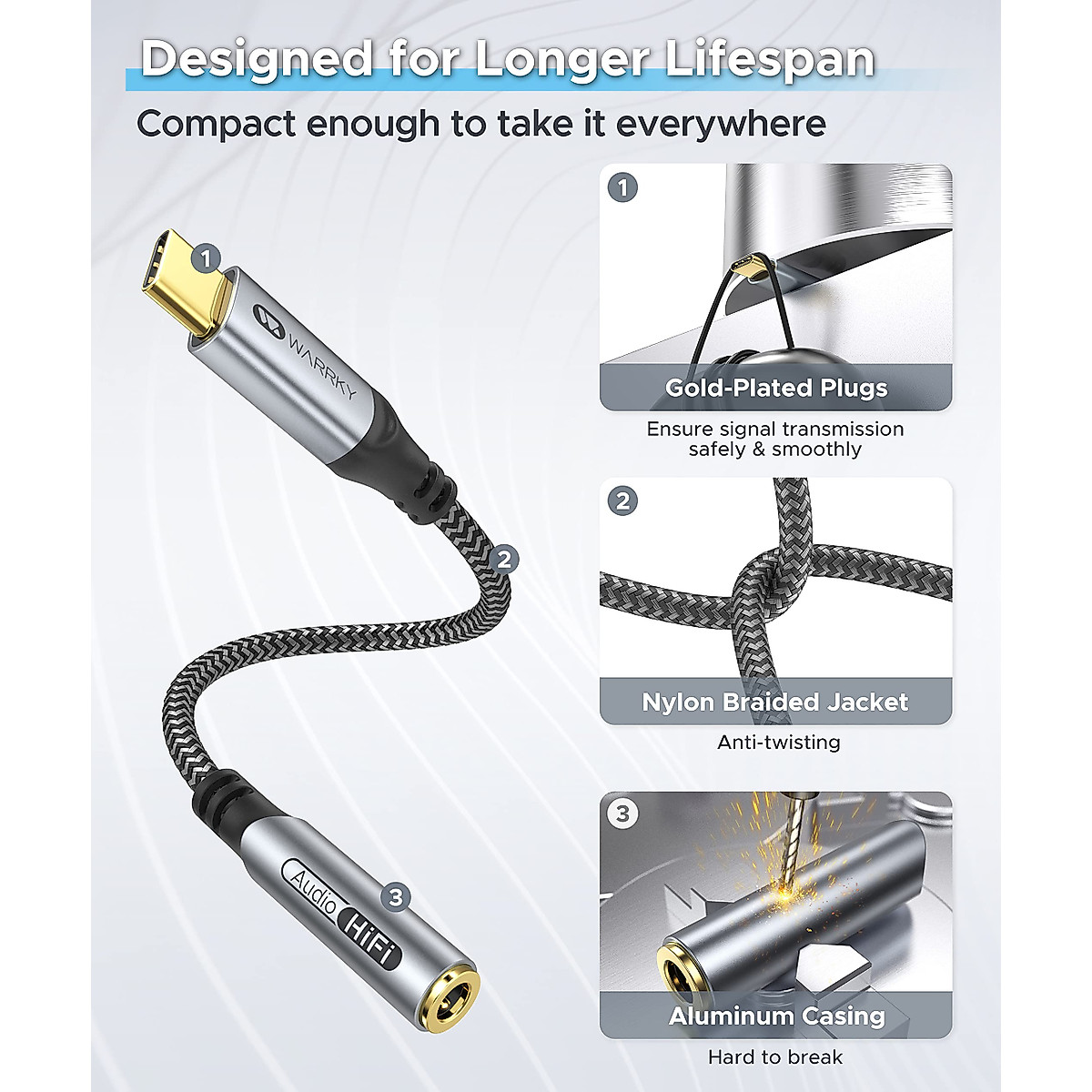 Warrky USB C to 3.5mm Audio Headphone Adapter【Flawless 24bit Hi-Res Sound Quality】 Type-C to Headphone Jack Compatible with Samsung Galaxy S22/S21/S20 Plus, Pixel 6/5/4, iPad Pro, Motorola, OnePlus