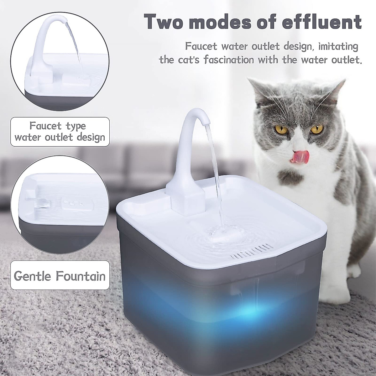 Cozyieland Automatic Cat Pet Water Fountain, Faucet spout, Translucent LED Light, 67oz, Ultra Quiet, AC Adapter (Grey)