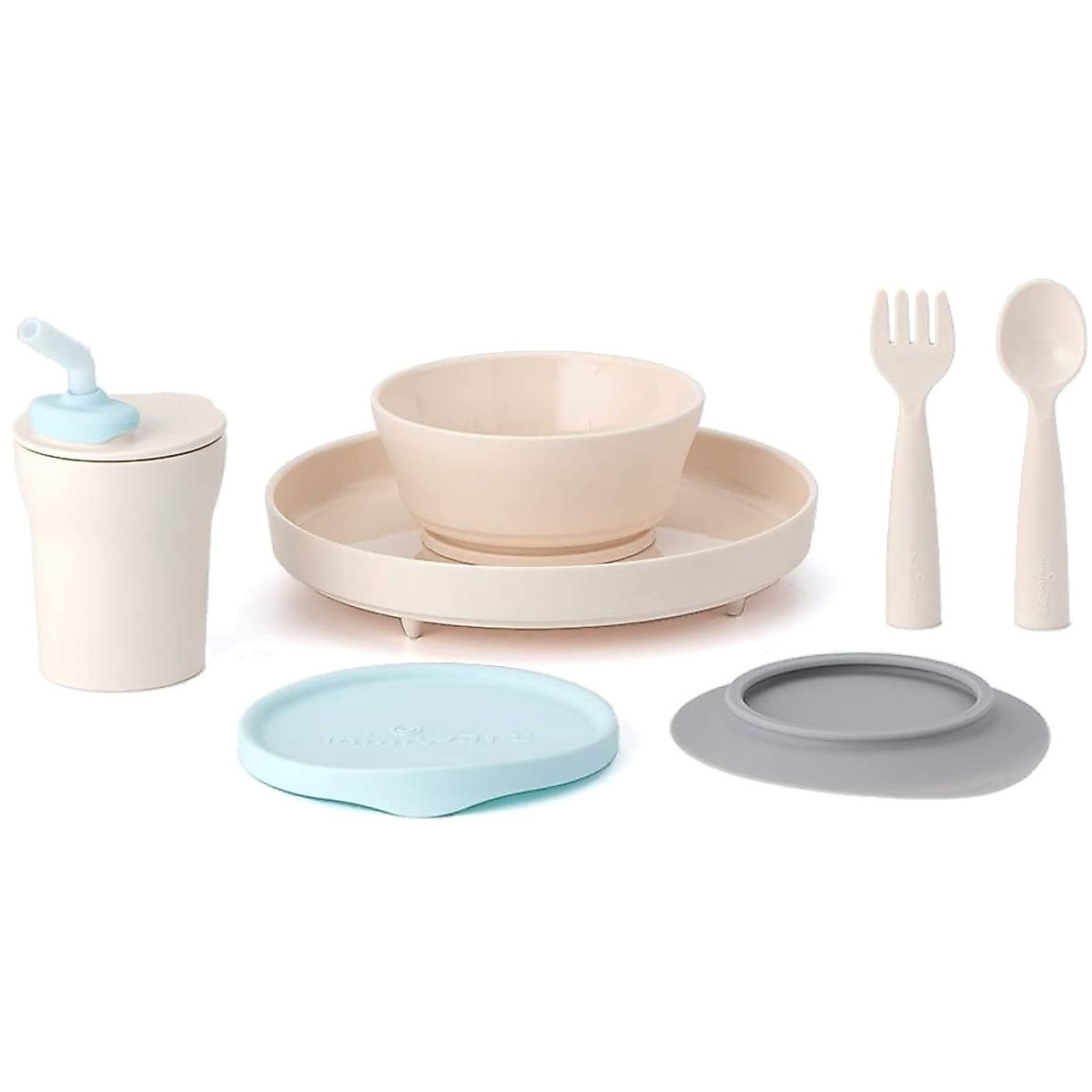 Miniware Little Foodie Set with Cereal Bowl, Sandwich Plate, My First Cutlery Set, 1-2-3 Sip Cup, and Detachable Suction Foot for Baby Toddler Kids | BPA Free (Vanilla + Aqua)