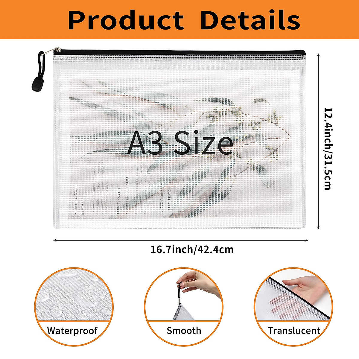 EOOUT 24pcs Mesh Zipper Pouches, A3 Size Waterproof Black Zipper Bags, Water-Resistant Plastic Document Pouch for School Office Supplies, Puzzles & Games Organizing Storage