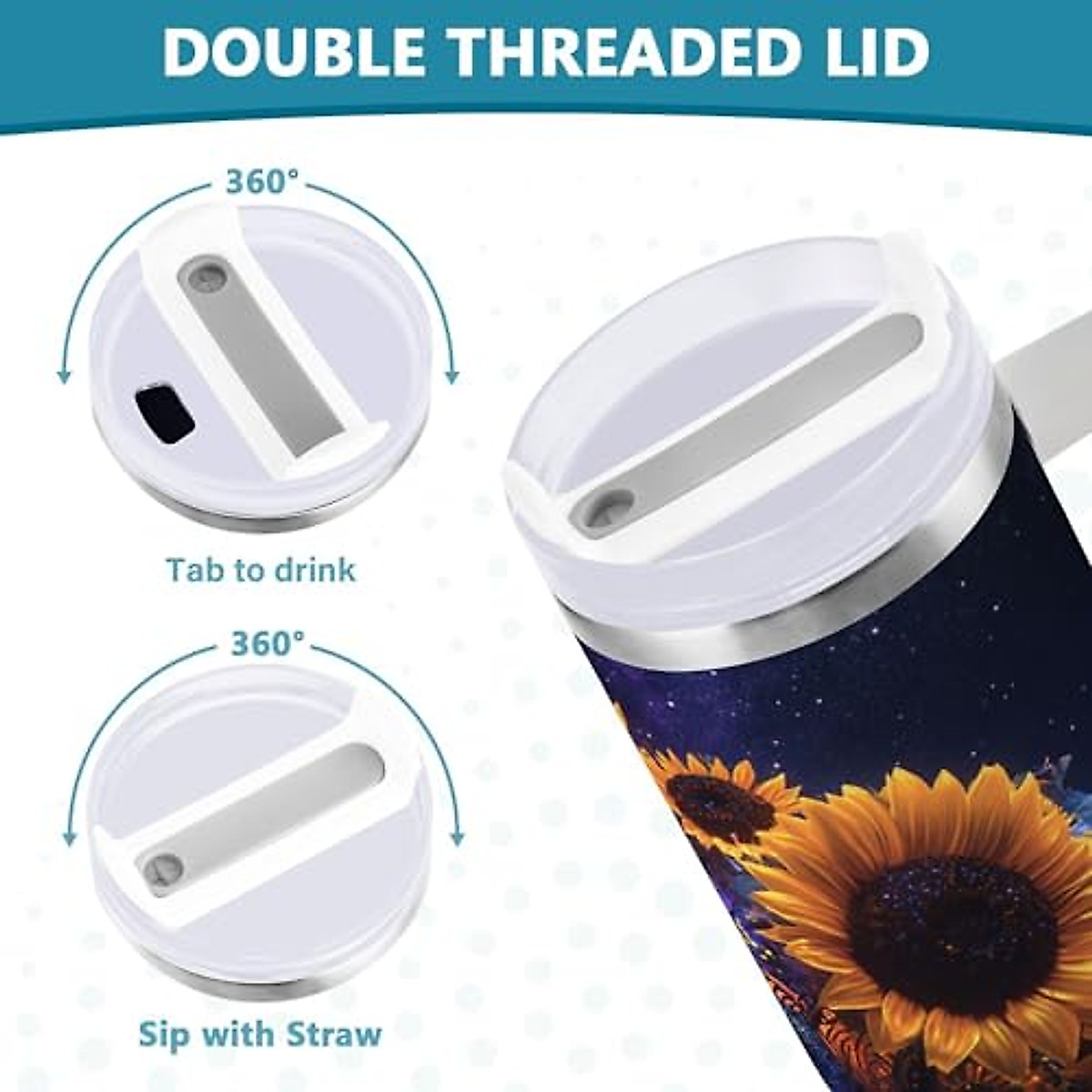 Slewiaeky Tumbler with Handle 40 oz Beautiful Goth Skull Sunflower Travel Mug with Lid and Straw Stainless Steel Vacuum Insulated Water Bottle Cup for Iced Tea Coffee Cold Beverages Cup Holder Friend