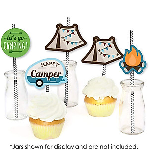 Happy Camper - Paper Straw Decor - Camping Baby Shower or Birthday Party Striped Decorative Straws - Set of 24