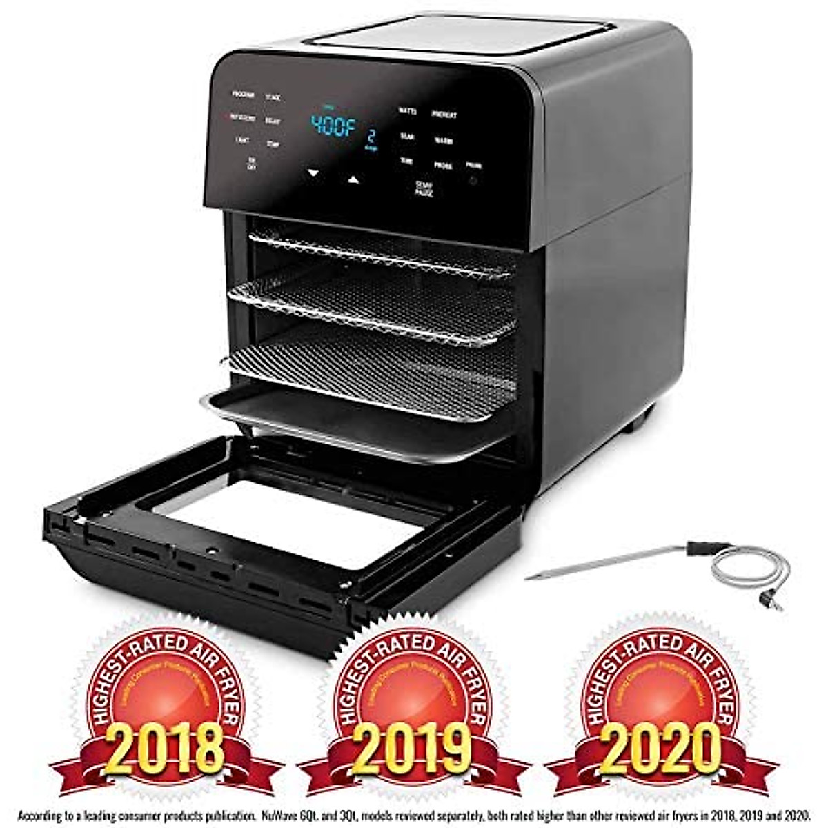 NUWAVE BRIO 14-Quart Large Capacity Air Fryer Oven with Digital Touch Screen Controls and Integrated Digital Temperature Probe; 3 Heavy-Duty NEVER-RUST Stainless Steel Mesh Racks (Renewed)