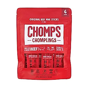 CHOMPS MINI Grass Fed Beef Jerky Meat Snack Sticks 0.5 Oz, Original Beef (Pack of 6)
