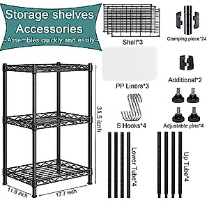 Santoy 3 Tier Storage Shelves Adjustable,Rack Metal Shelf Unit for Kitchen, Bathroom, Pantry, Closet, and Bedroom - Strong Steel Wire Organizer (Black, 17.7" L x 11.8" W x 31.5" H)