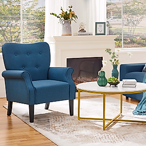 Yaheetech Modern Armchair, Mid Century Accent Chair with Sturdy Wood Legs and High Back for Small Space, Upholstered Fabric Sofa Club Chair for Living Room/Bedroom/Office, Navy Blue