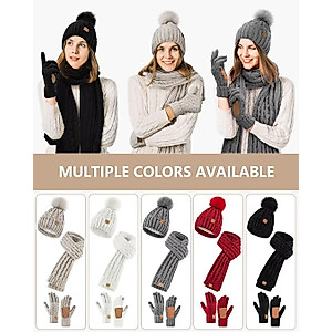 Women's 3-in-1 Fleece Winter Hat, Scarf & Touchscreen Glove Set with Pom Pom - Oatmeal