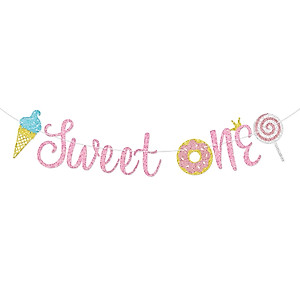 Sweet One Banner, Ice Cream Donut Candy First Birthday Banner,Baby Shower,1st Birthday Party Decorations (Pink)1